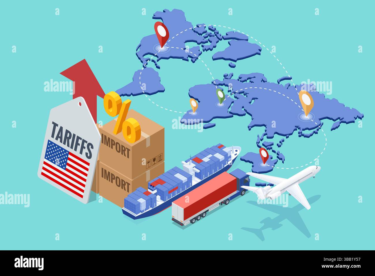 Isometric showing rising US import tariffs, affecting global logistics ...