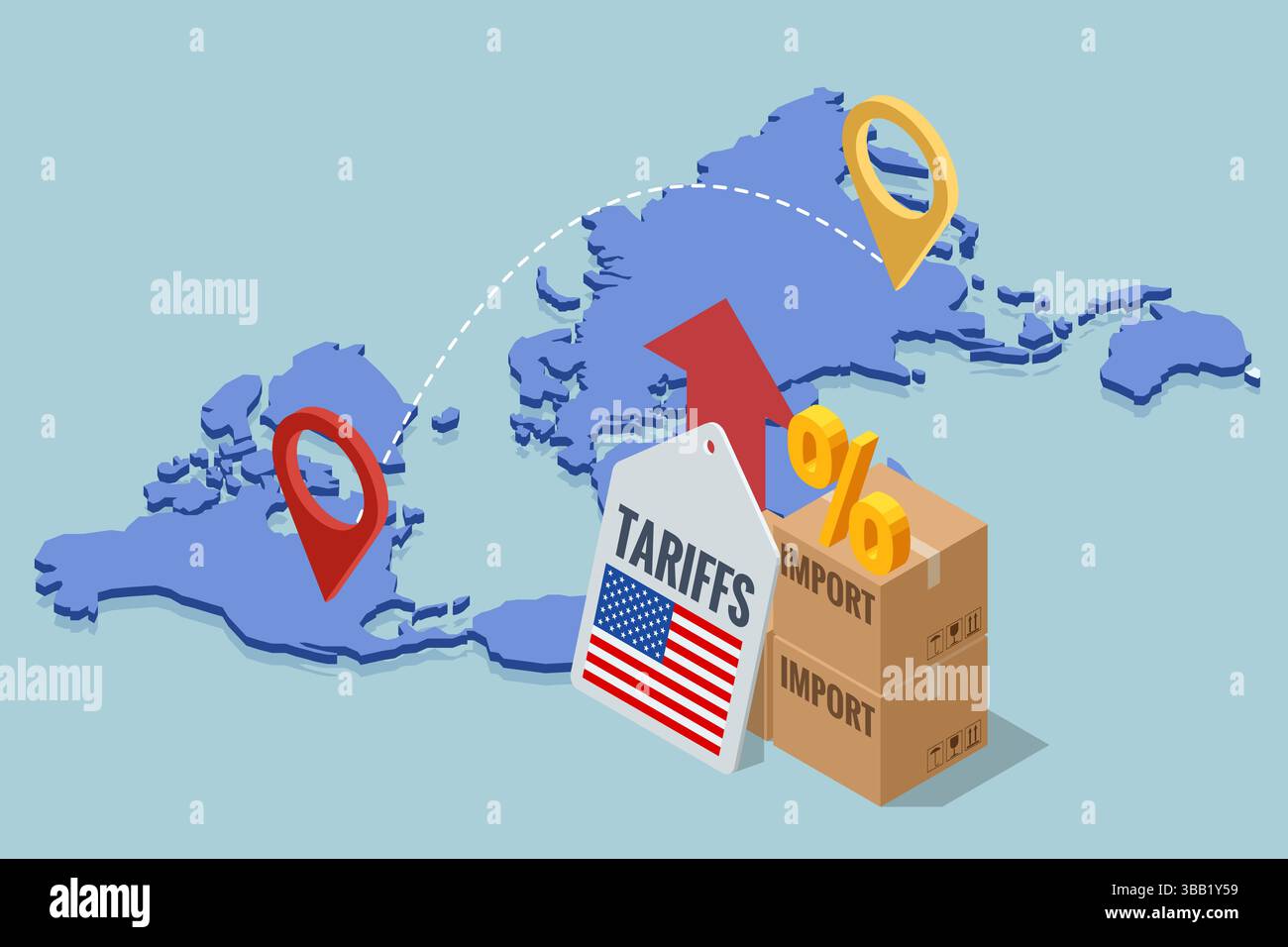 Isometric showing rising US import tariffs, affecting global logistics ...