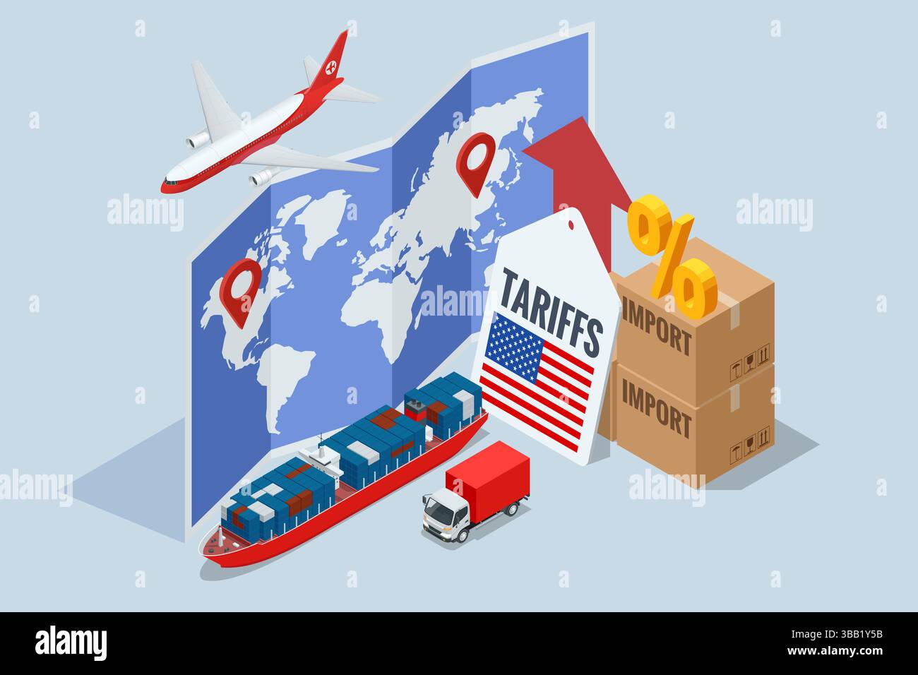 Isometric showing rising US import tariffs, affecting global logistics ...
