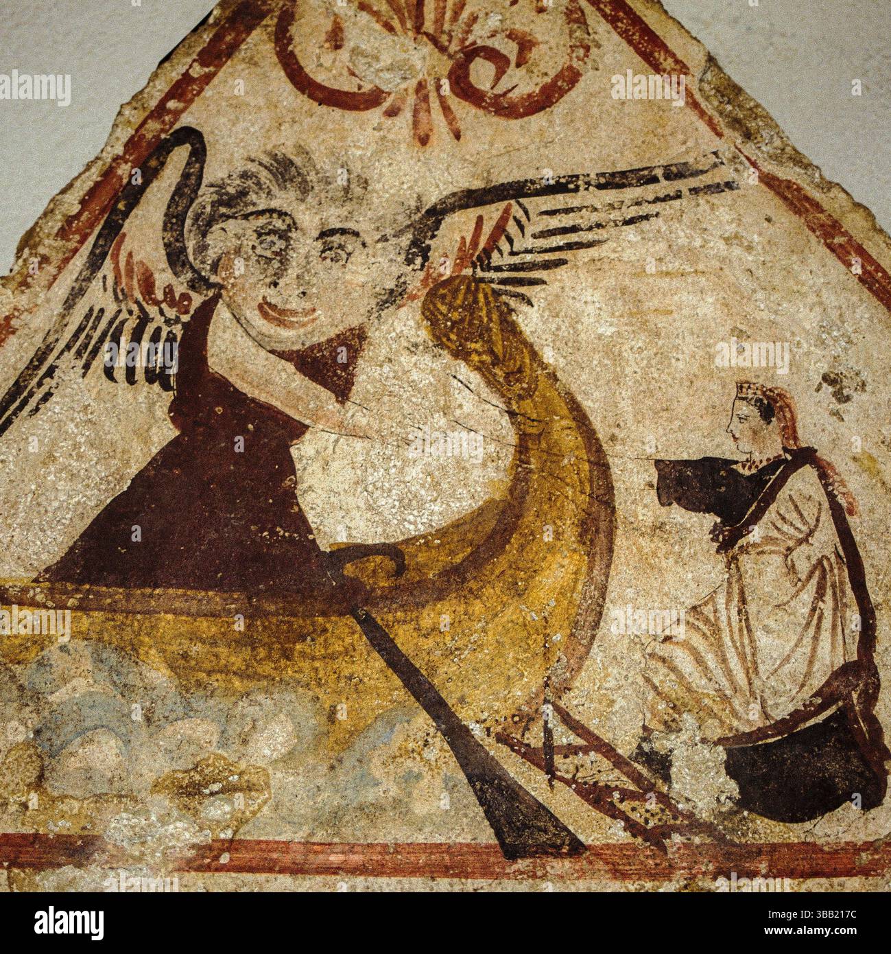 Charon, winged ferryman of souls, smiles as he welcomes a female soul ...