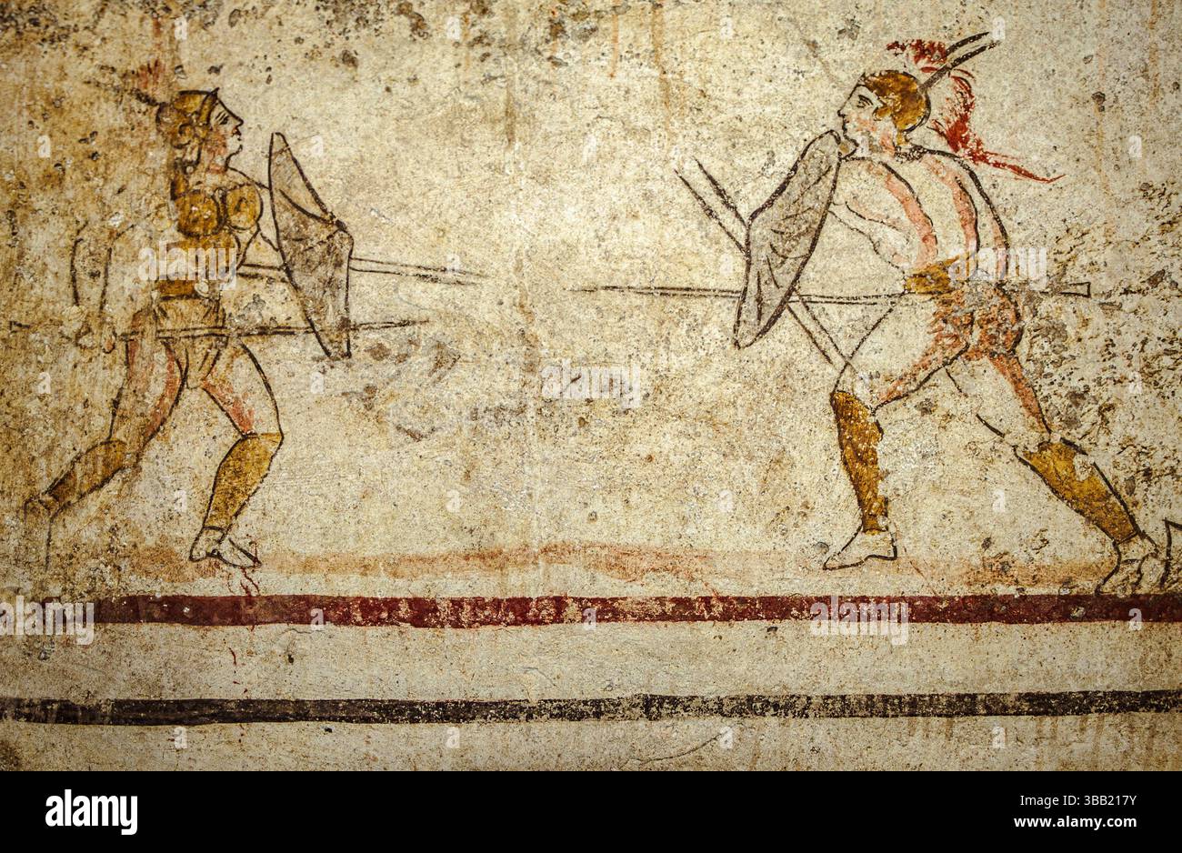 Two warriors or gladiators wearing plumed helmets and defending ...