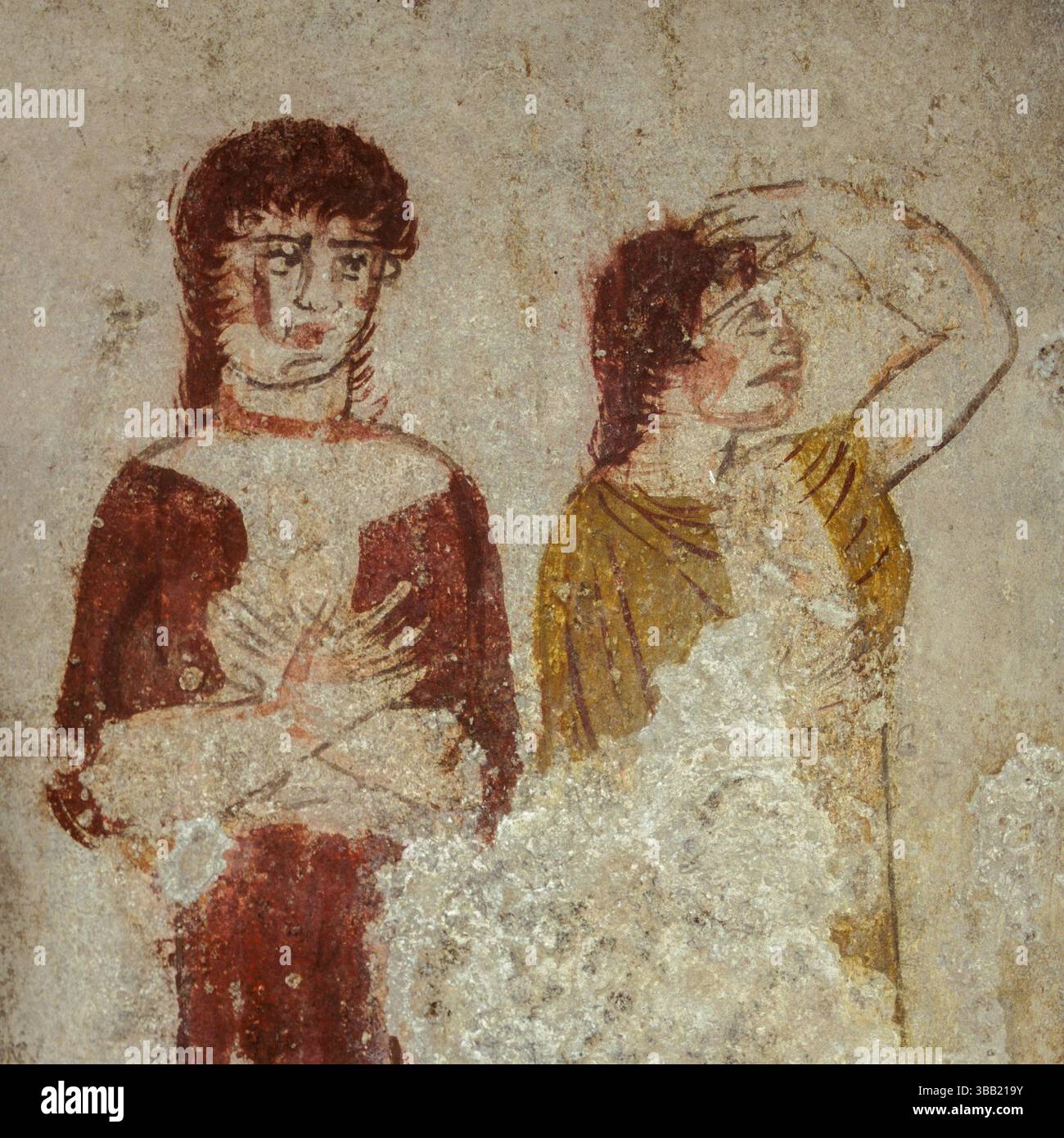 Two female mourners strike poses. Fresco painted around 350 BCE inside ...