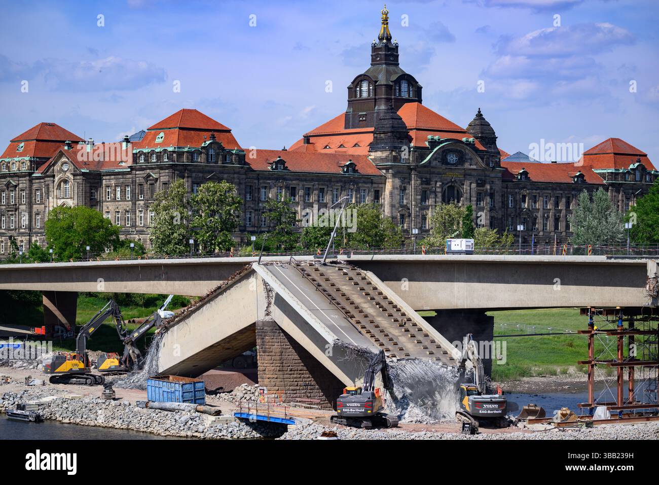 Dresden, Germany. 14th May, 2025. Excavators are used to demolish the ...