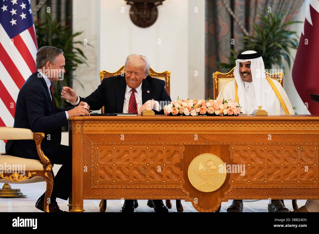 President Donald Trump, center, Qatar's Emir Sheikh Tamim bin Hamad Al ...