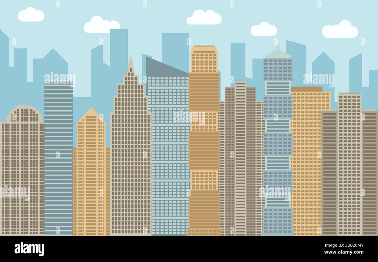Vector urban landscape illustration. Street view with cityscape, skyscrapers and modern ...