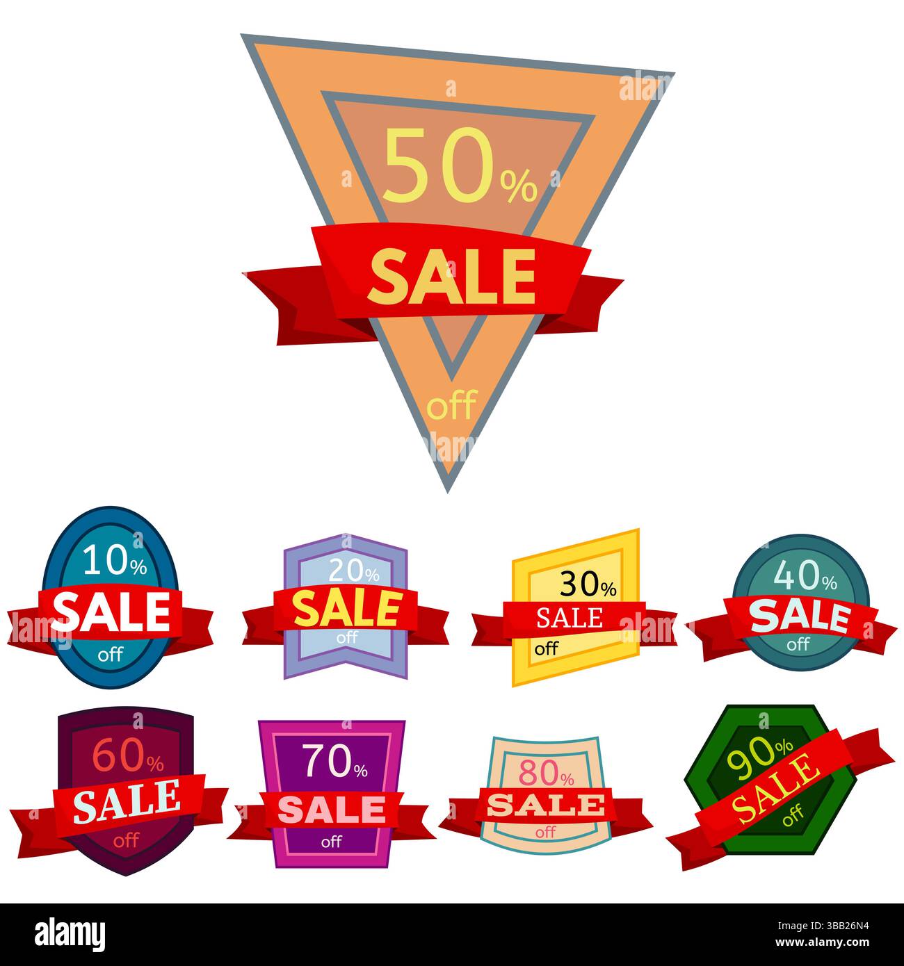 Set of different nine discount stickers. Colorful badges with red ribbon for sale 10 - 90 ...