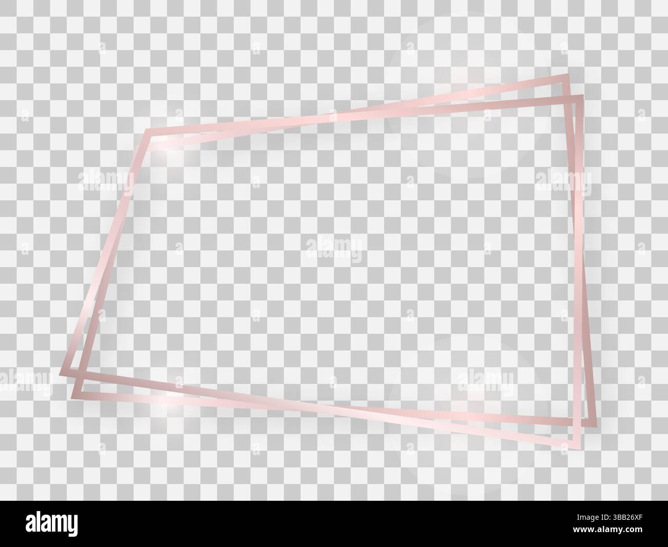 Double rose gold shiny trapezoid frame with glowing effects and shadows on transparent ...
