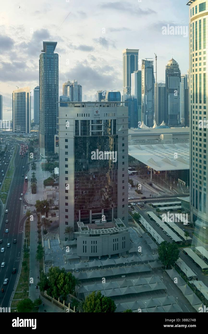 Futuristic urban Doha skyline. Global communication and network. West ...