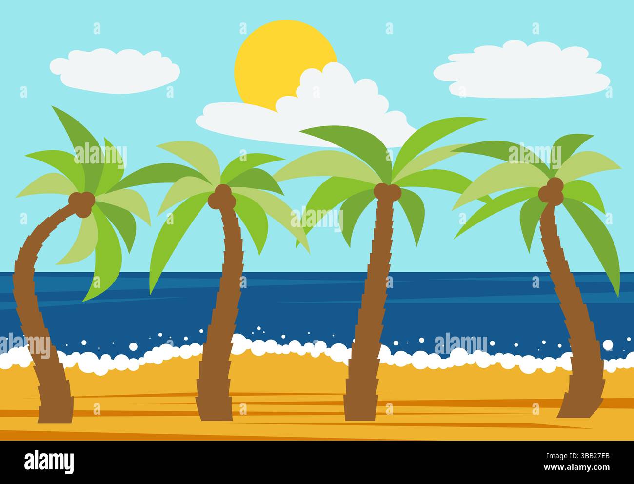 Cartoon nature landscape with four palms in the summer beach. Vector ...