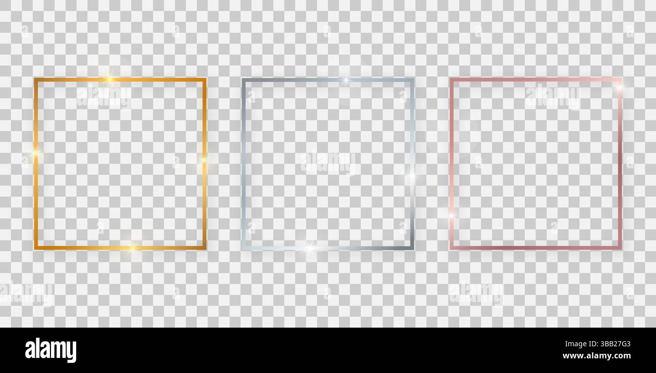 Square shiny frames with glowing effects. Set of three gold, silver and ...