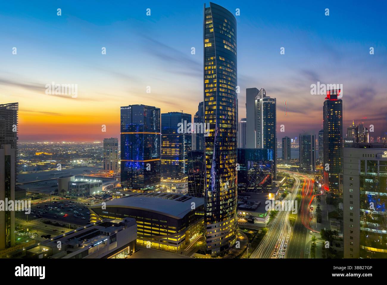 Futuristic urban Doha skyline. Global communication and network. West ...