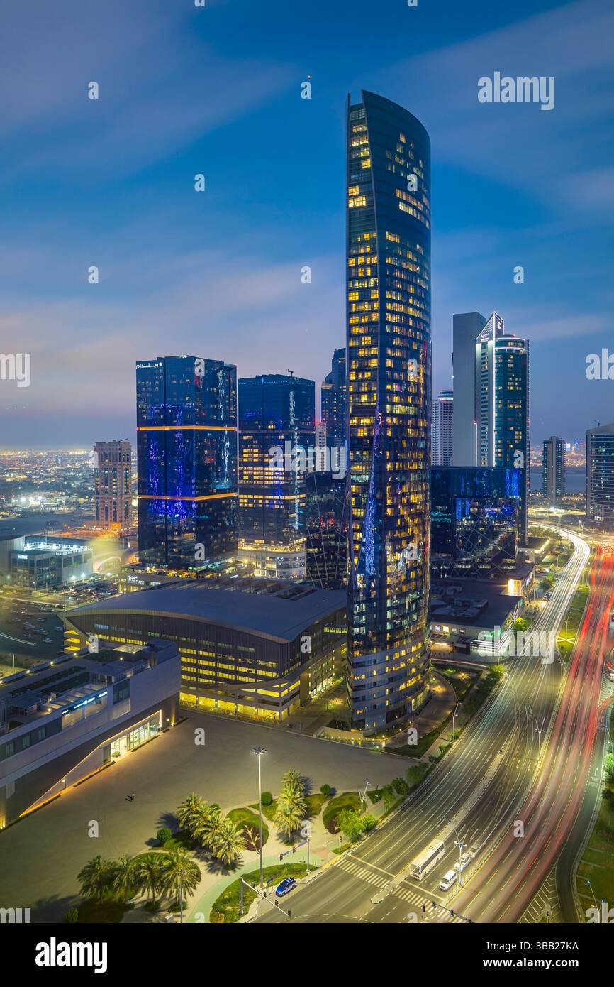 Futuristic urban Doha skyline. Global communication and network. West ...