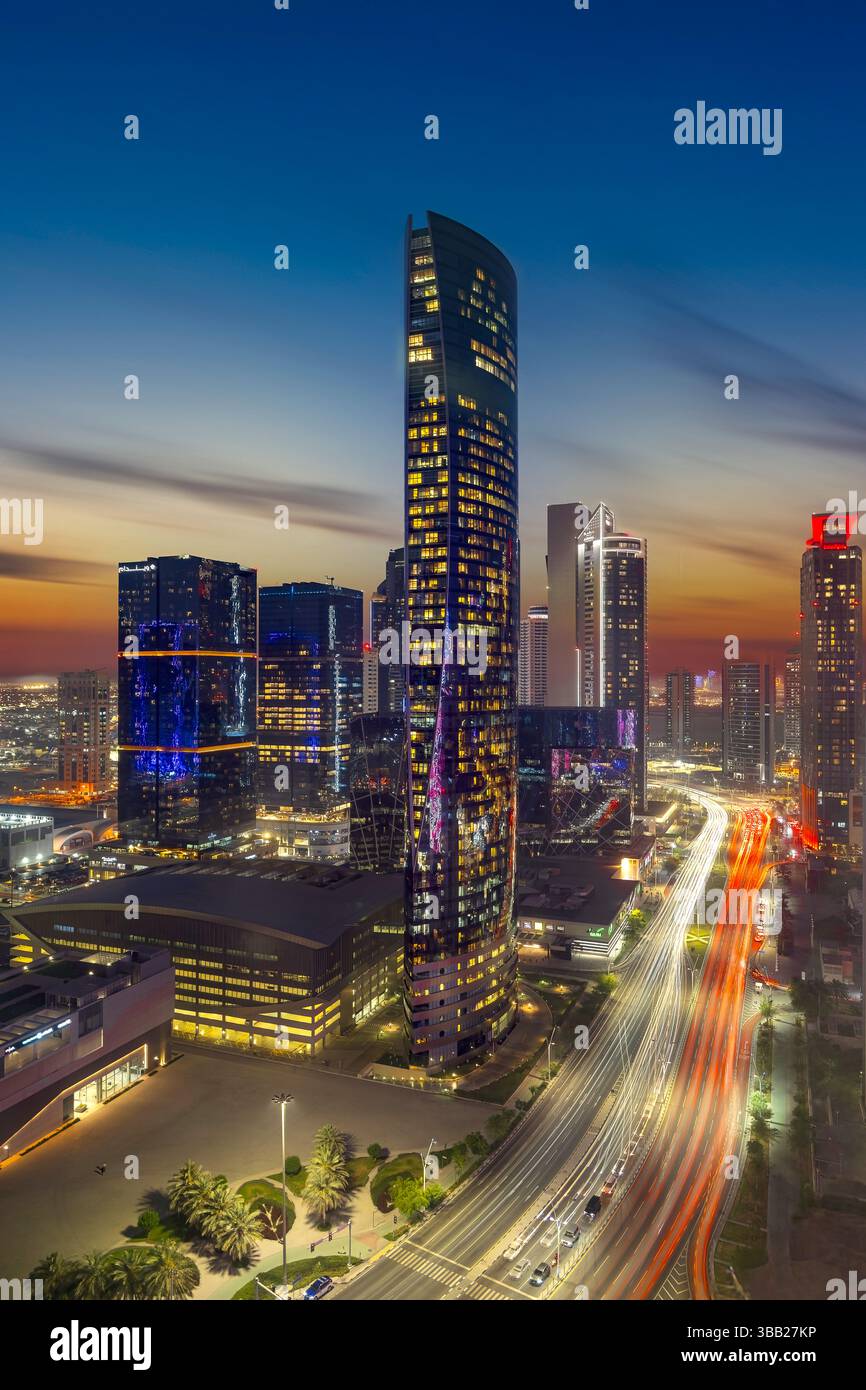Futuristic urban Doha skyline. Global communication and network. West ...