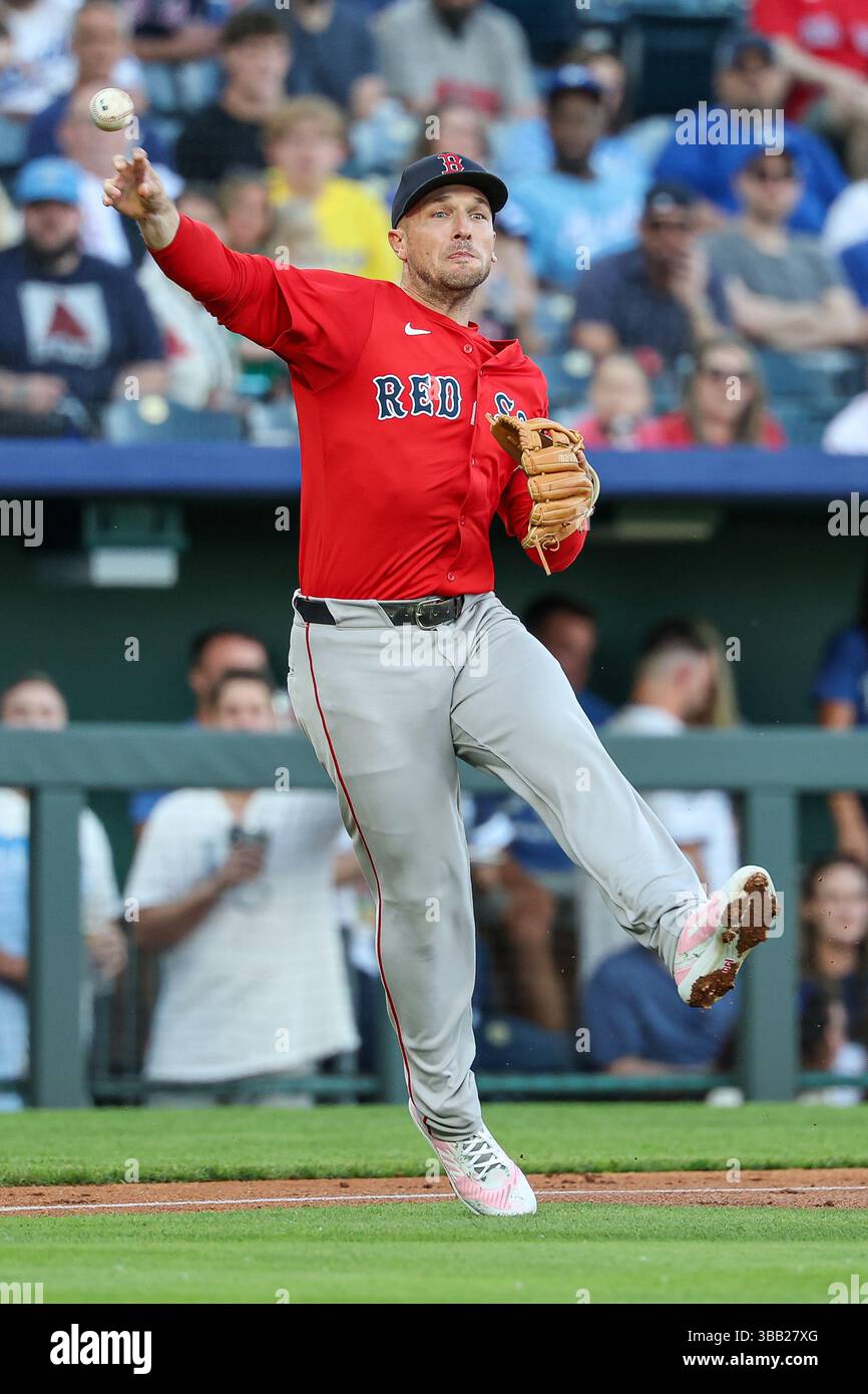 Kansas City, MO, USA. 9th May, 2025. Boston Red Sox third baseman Alex ...