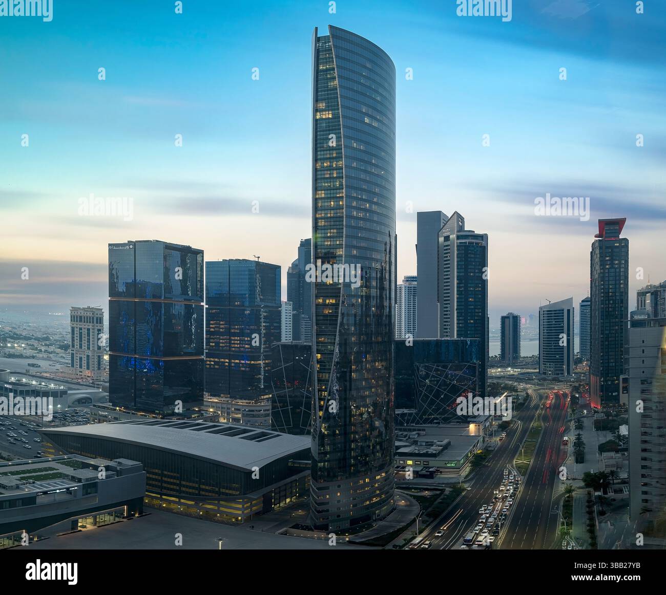 Futuristic urban Doha skyline. Global communication and network. West ...