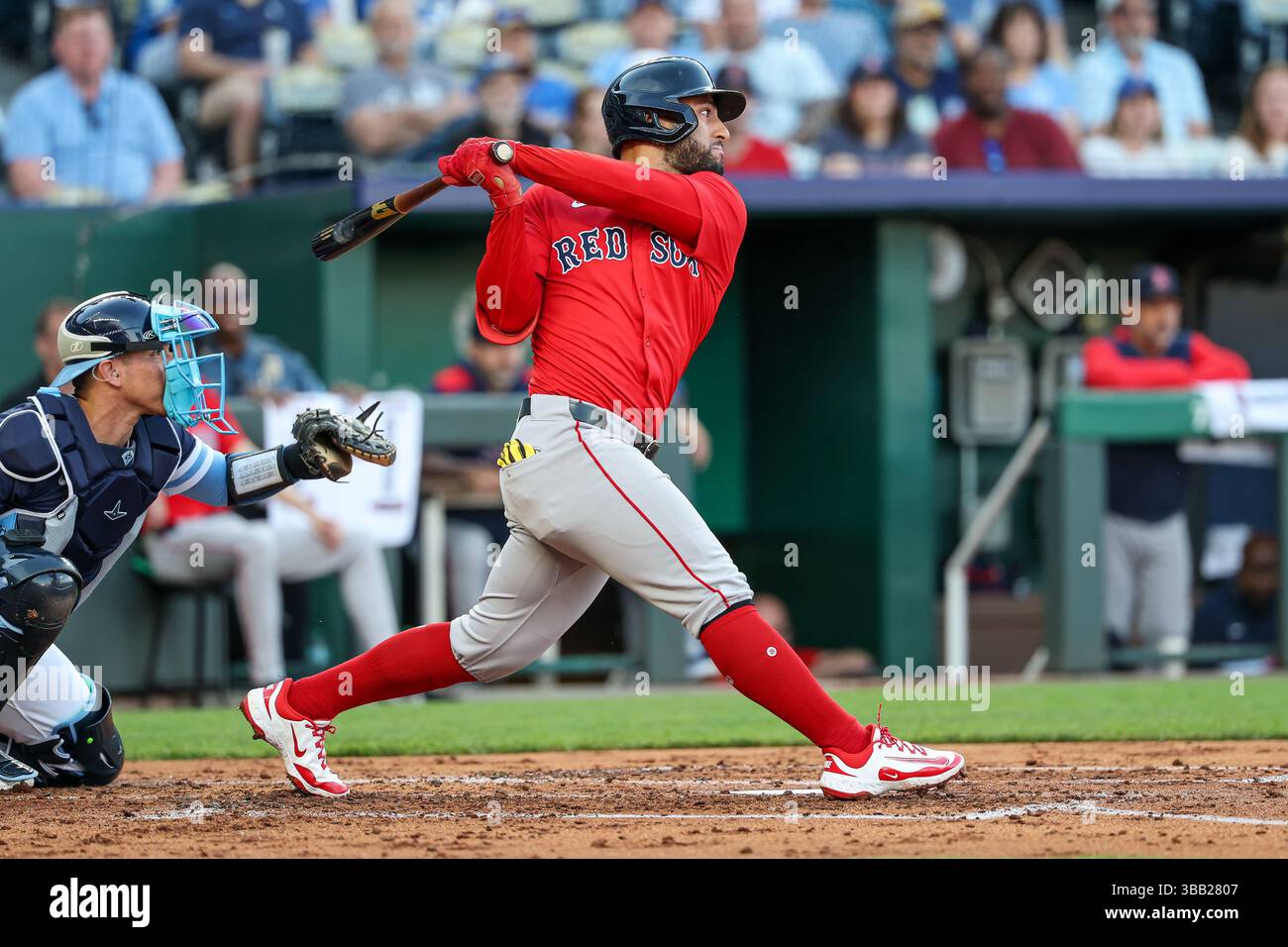 Kansas City, MO, USA. 9th May, 2025. Boston Red Sox first baseman ...