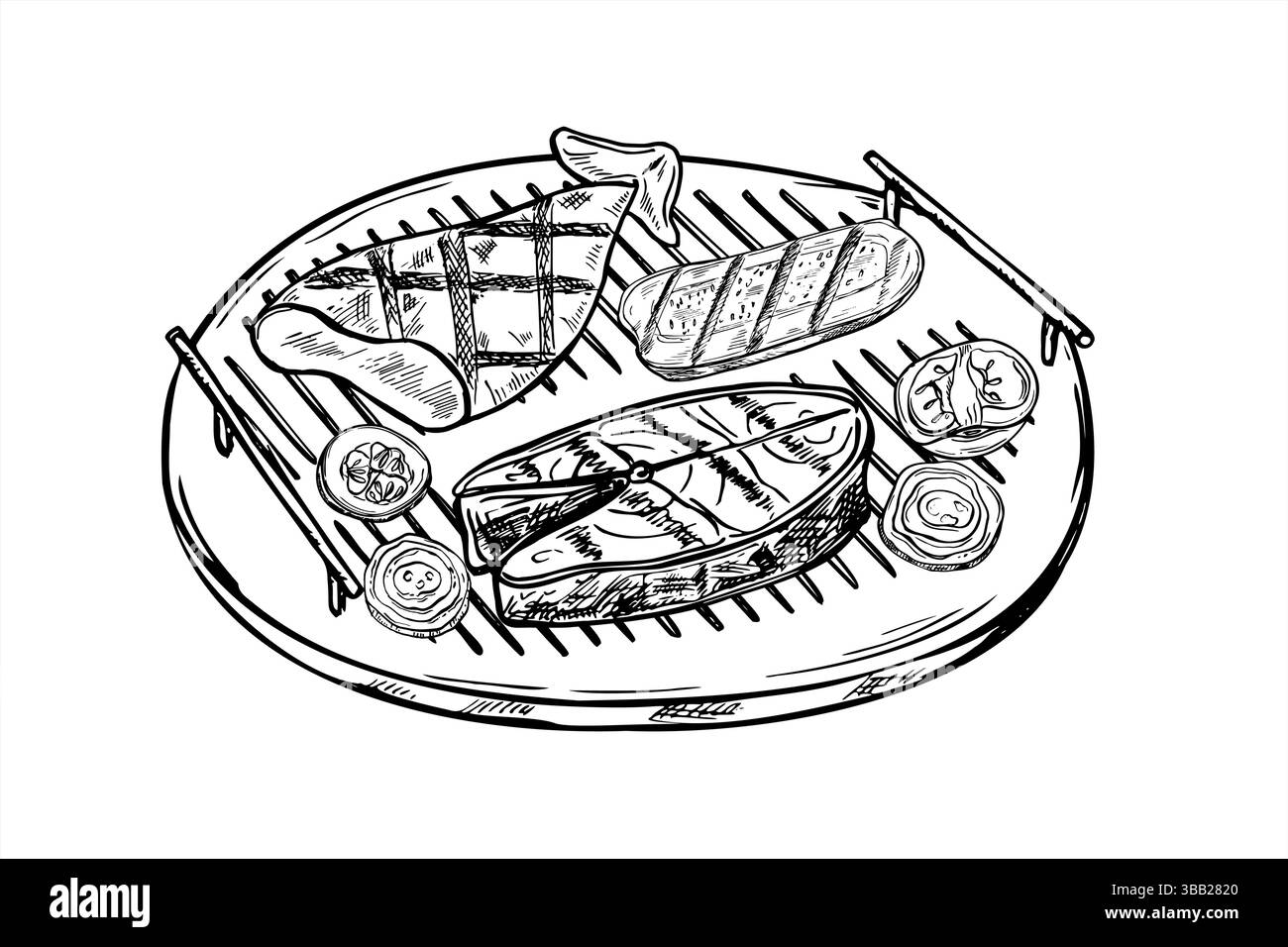 Grilled seafood and vegetables on round grill grid line art black ink ...