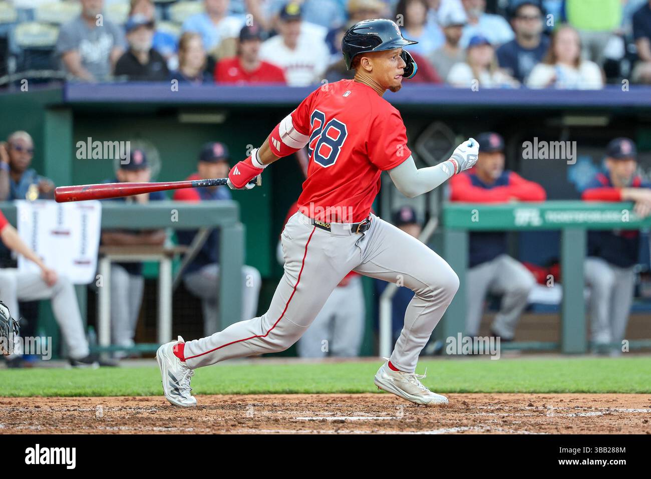 Kansas City, MO, USA. 9th May, 2025. Boston Red Sox second baseman ...