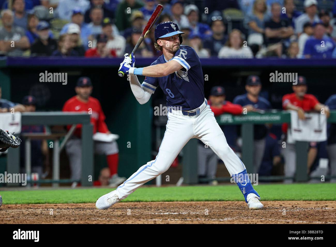 Kansas City, MO, USA. 9th May, 2025. Kansas City Royals outfielder Drew Waters (8) bats against ...
