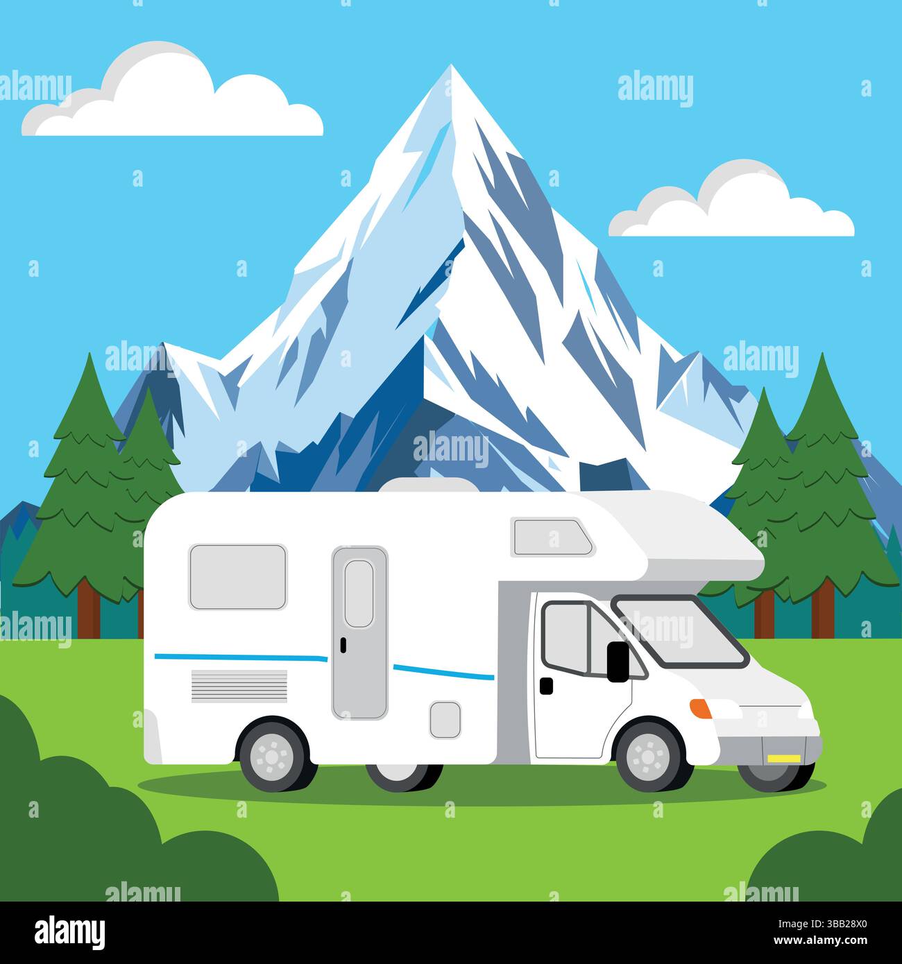 Motorhome, Campervan or RV in a campsite below a mountain, vacation or ...