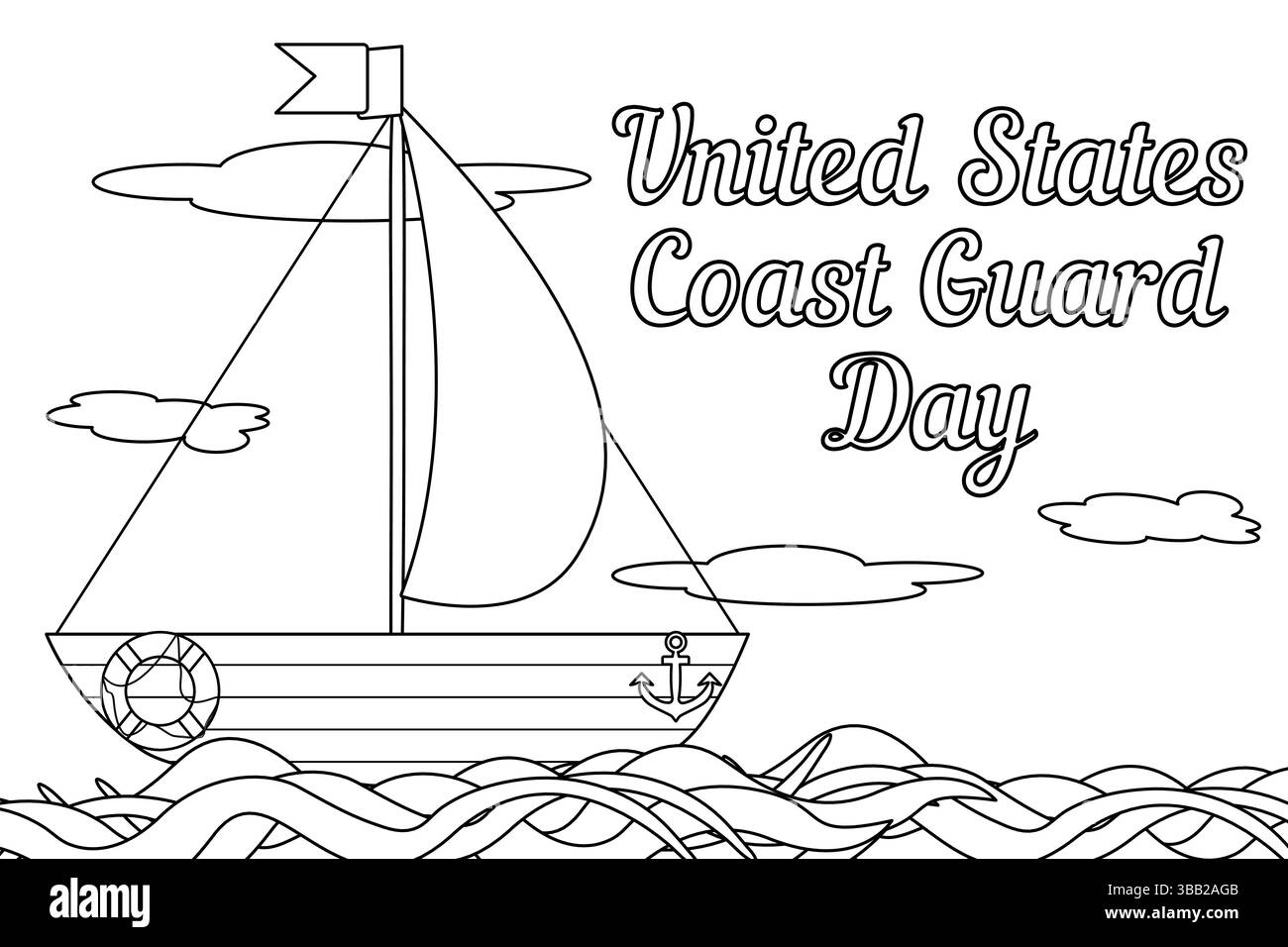 Coloring with summer outline drawing of scene with sailboat sailing on ...