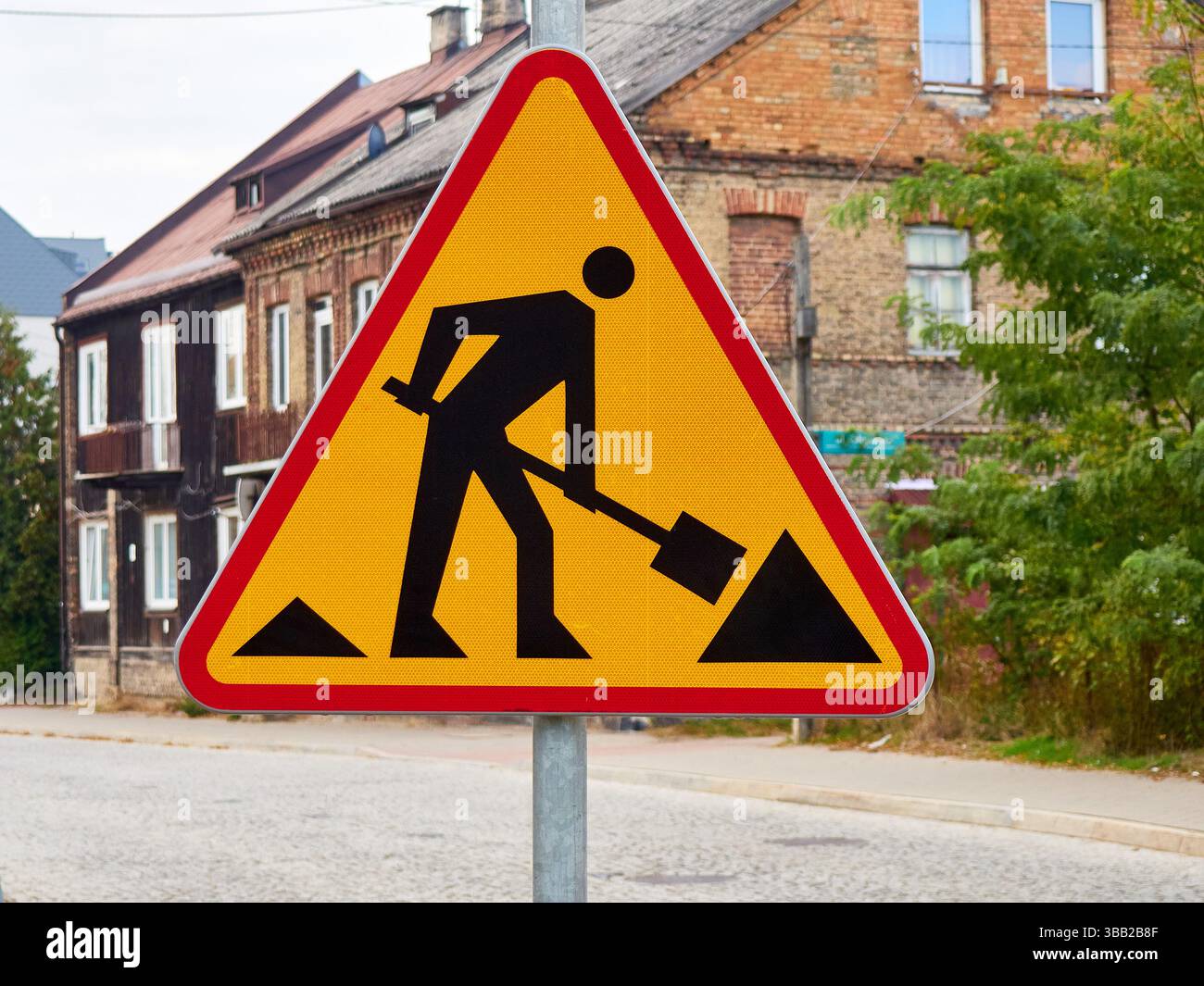Road Work Ahead Warning Sign in Urban Area Stock Photo - Alamy