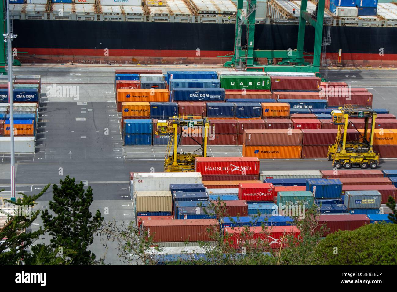 Aerial view of a shipping yard filled with colorful cargo containers ...