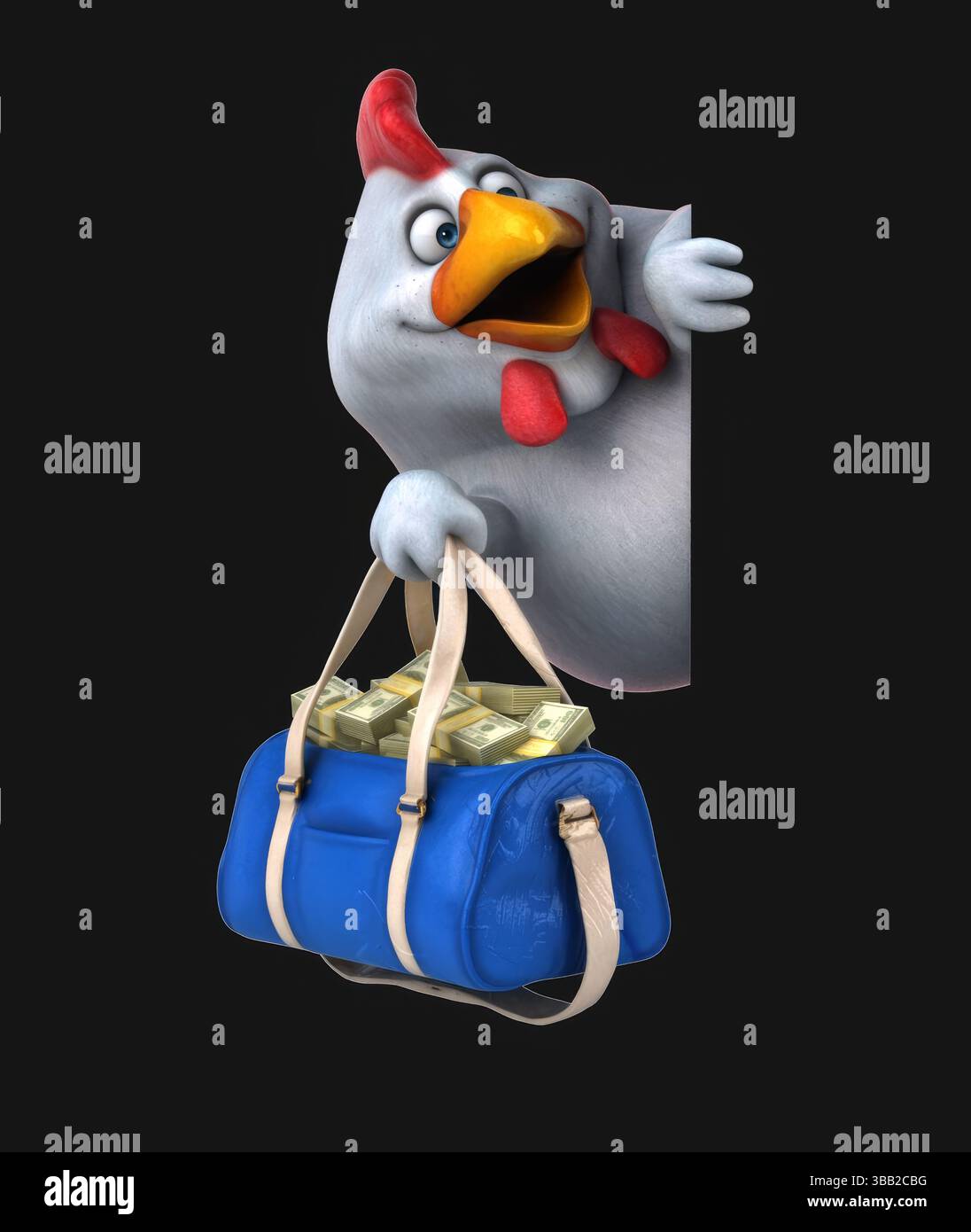 Fun 3D cartoon chicken with a bag of money Stock Photo - Alamy