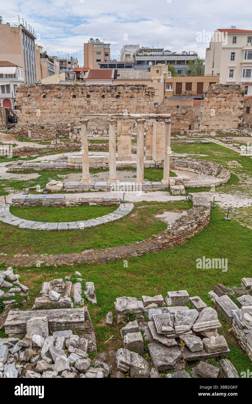Old ancient ruins of the Hadrian's Library in downtown Athens, Greece ...