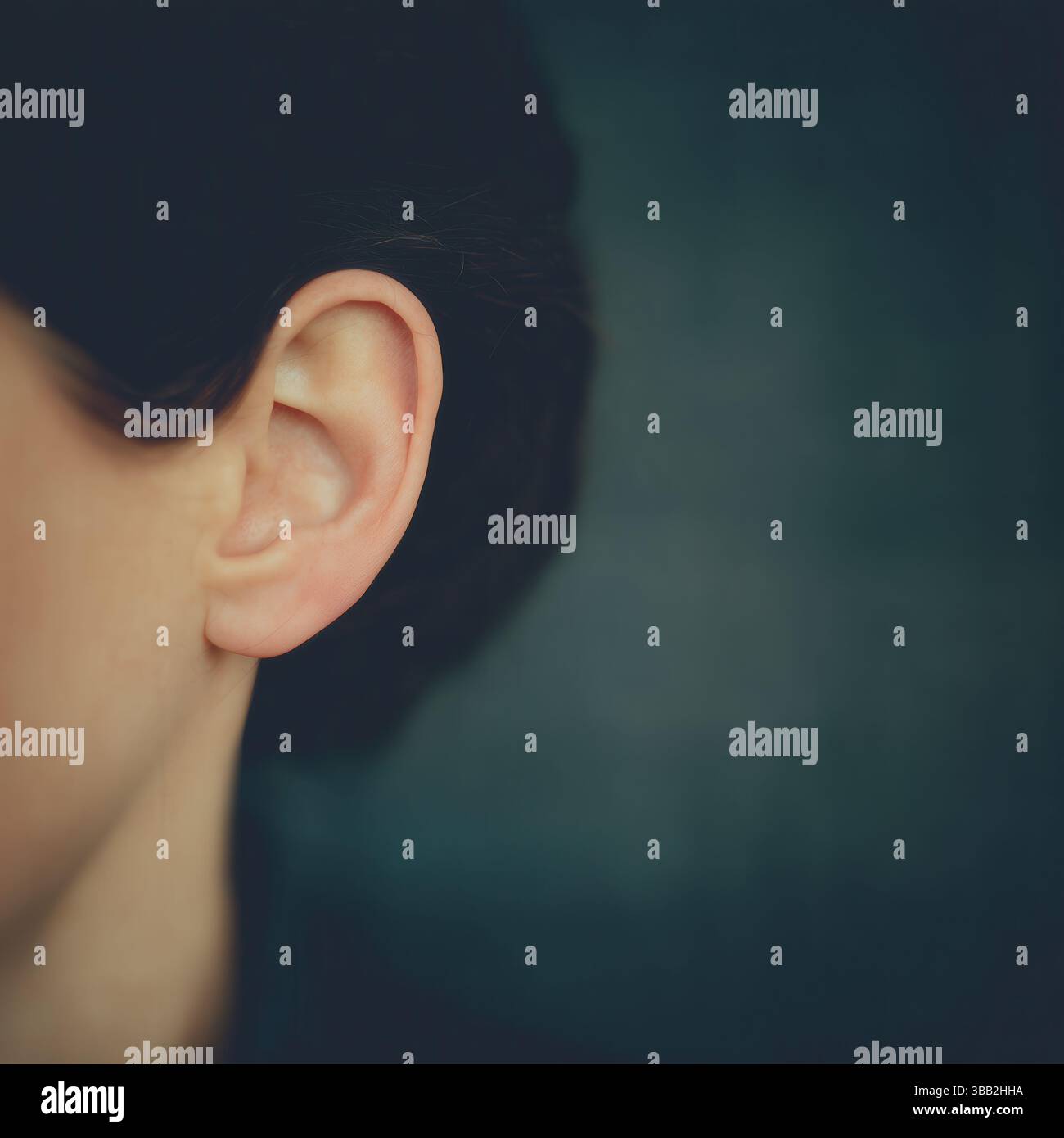 Close-up view of a person's ear and adjacent neck and hair. The ear is ...