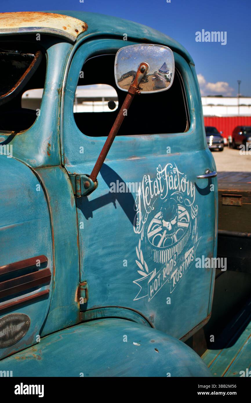 Rustic Patina on Classic Blue Pickup with Custom Metal Factory Logo ...