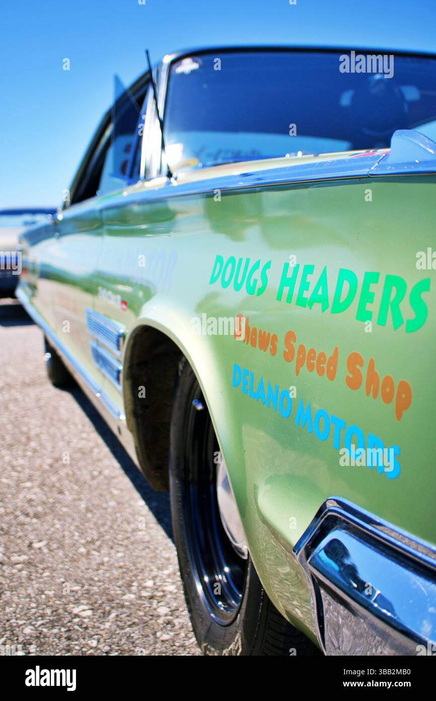 Close-Up Side View of a Classic Green Drag Racing Car with Vintage ...