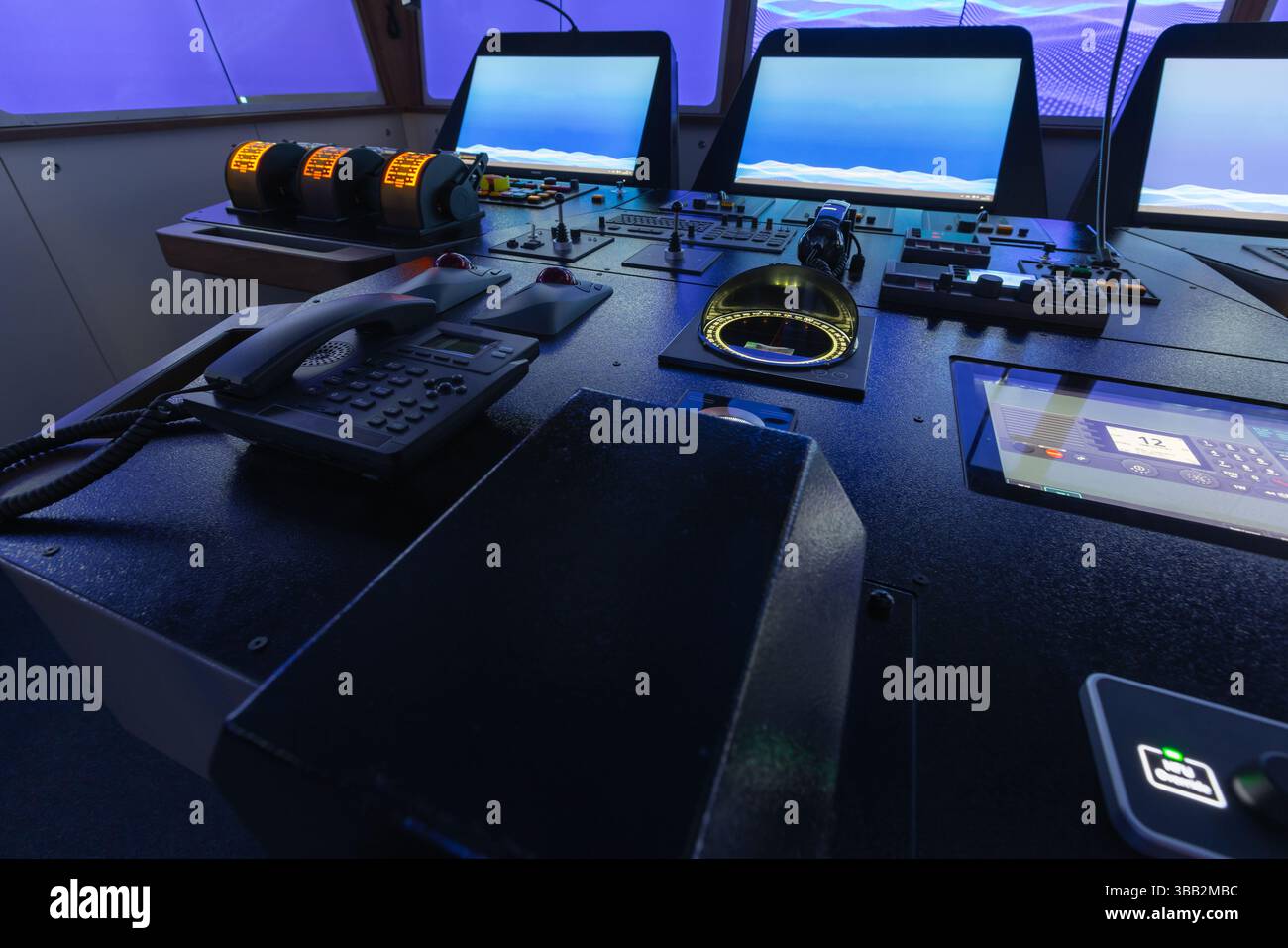 Marine navigation simulator. Control center on a modern ship bridge ...