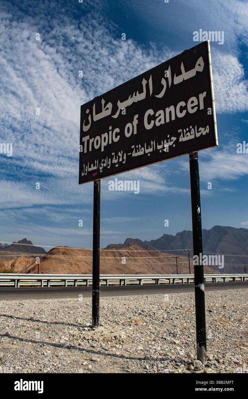 Samail, Oman: Tropic of Cancer sign. The Northern Tropic is the Earth's ...