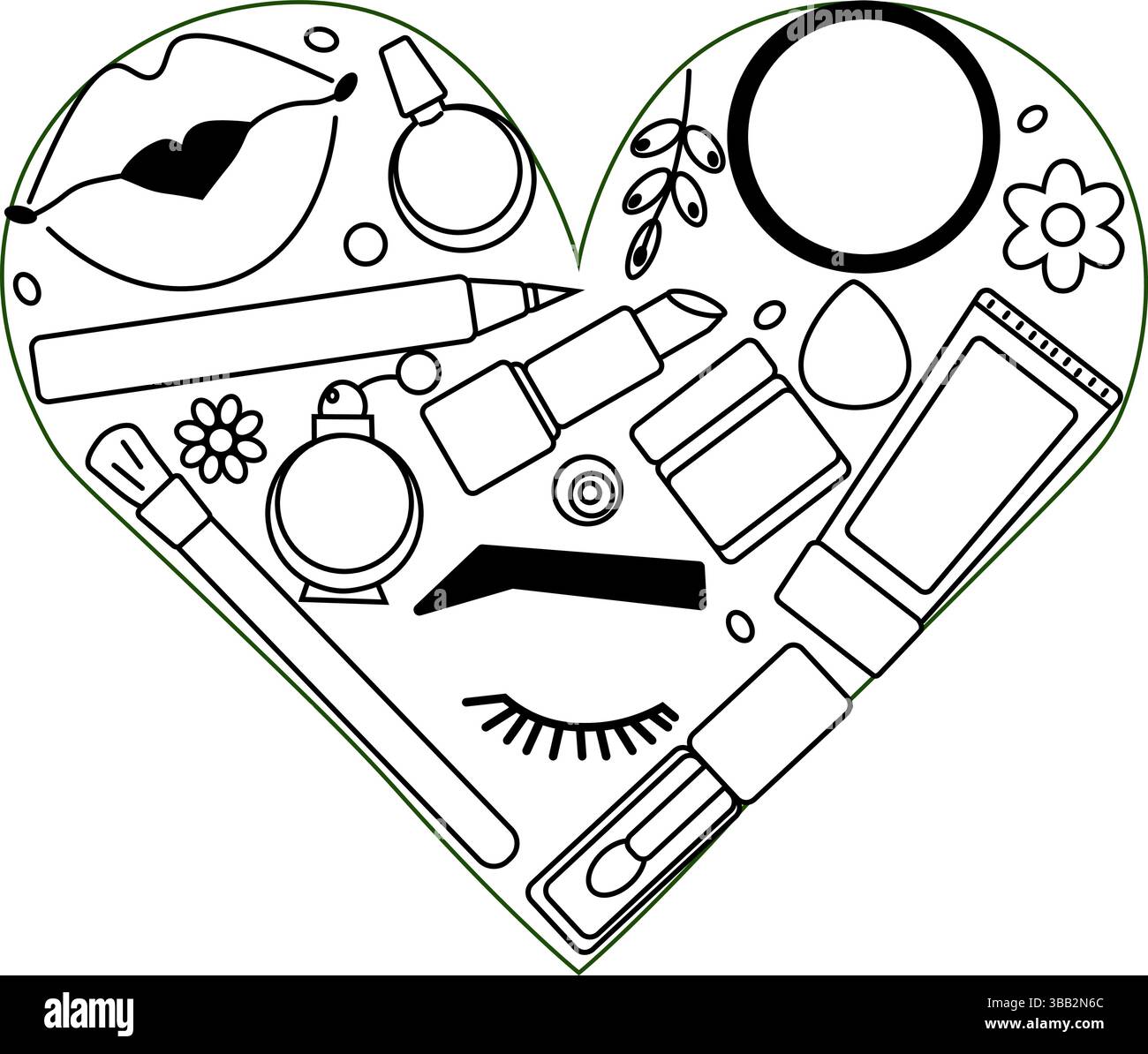 Makeup tools heart composition. Vector graphic line illustration. Black ...