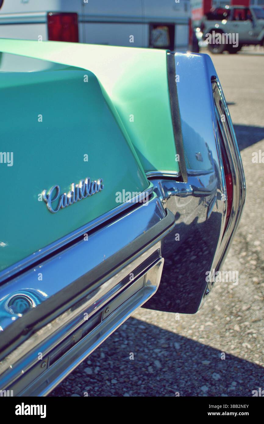 Vintage Cadillac Rear Detail with Chrome and Green Finish Stock Photo ...