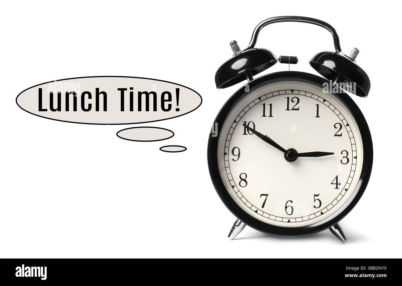 Alarm clock and speech bubble with words Lunch Time on white background ...