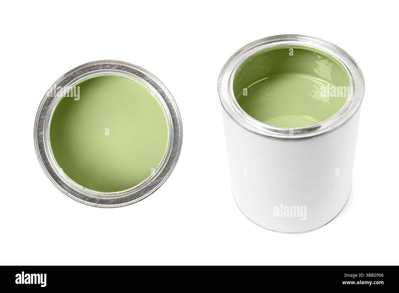 Pastel green paint in can isolated on white. Top and side view Stock ...