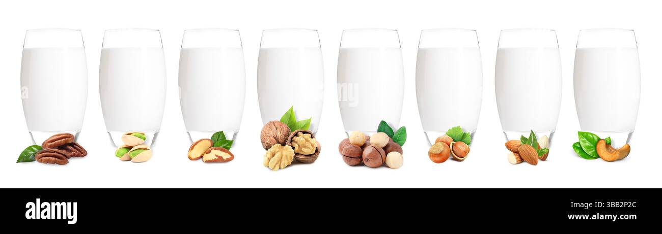 Different types of nut milk in glasses isolated on white, set Stock ...