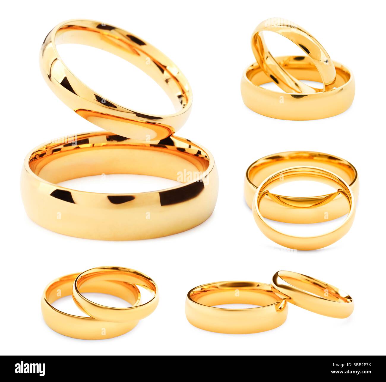 Shiny golden wedding rings on white background, collage Stock Photo - Alamy