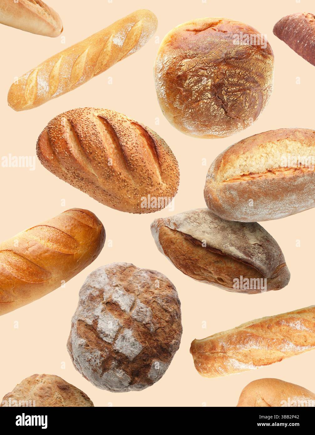 Different types of bread falling on beige background Stock Photo - Alamy