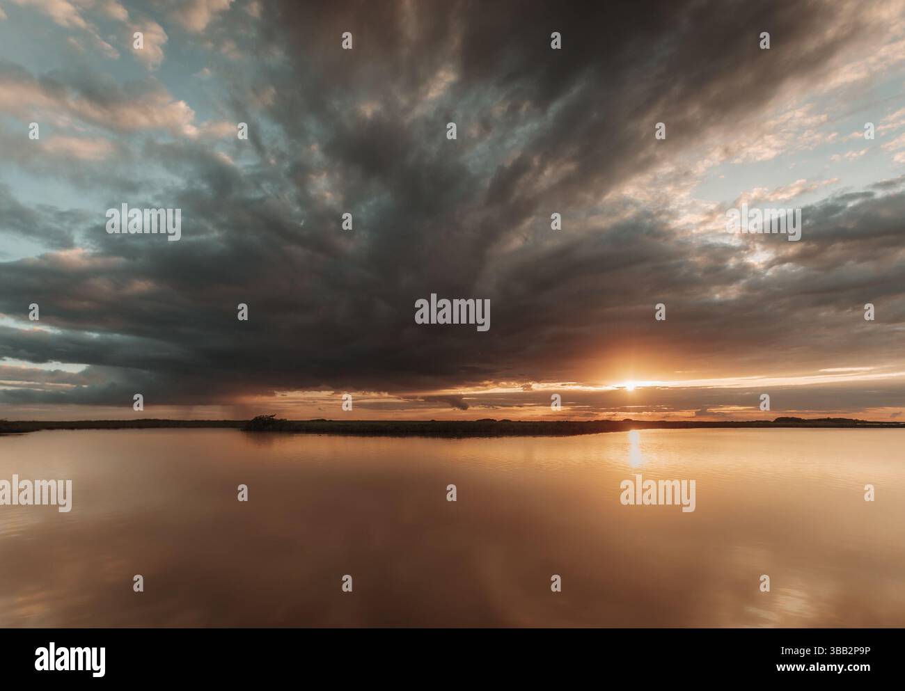 Colorful landscape with lagoon and mangrove forest during golden hour ...