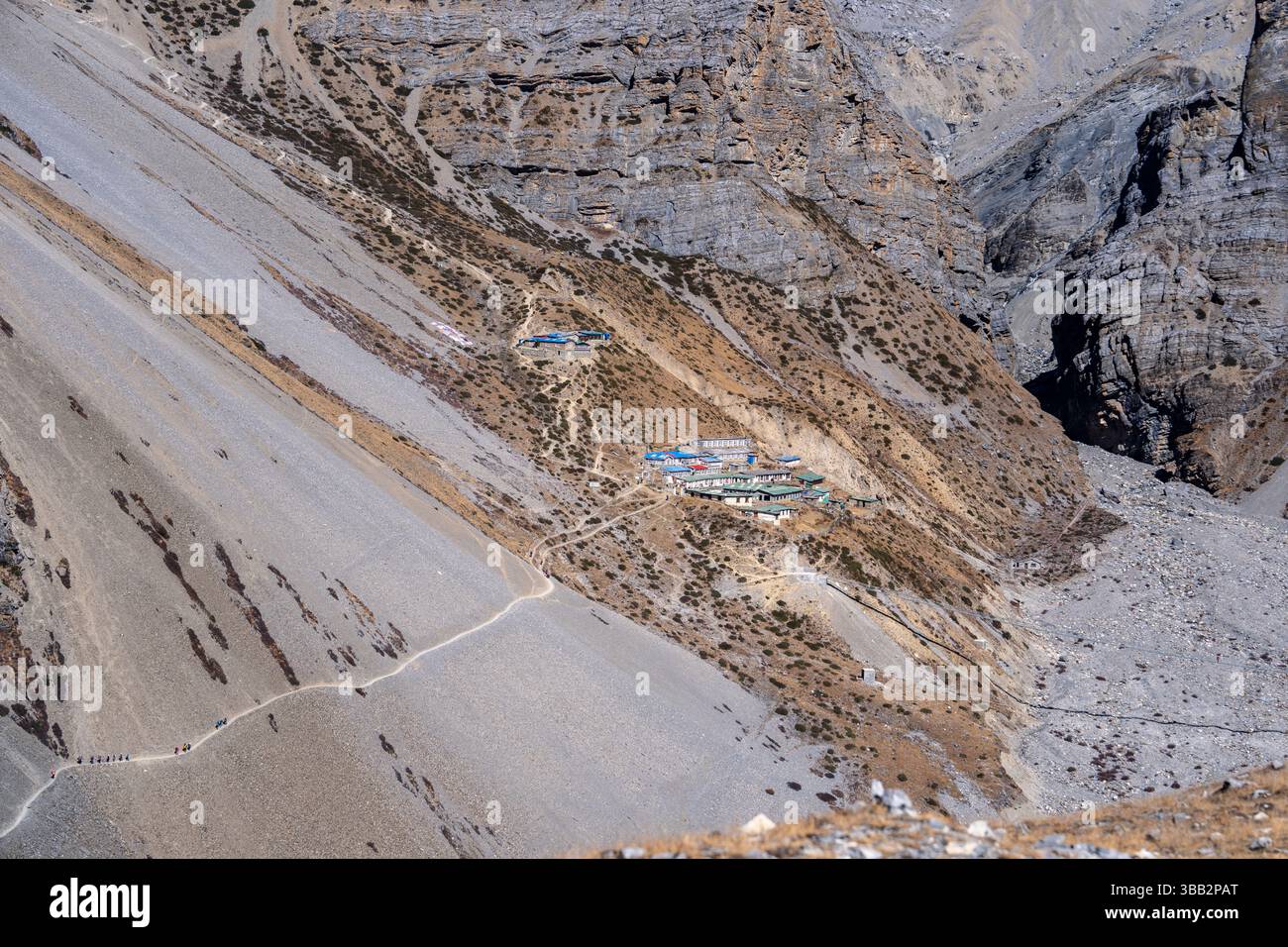 Thorong Phedi on the Annapurna Circuit, Nepal. Hikers walk towards this ...