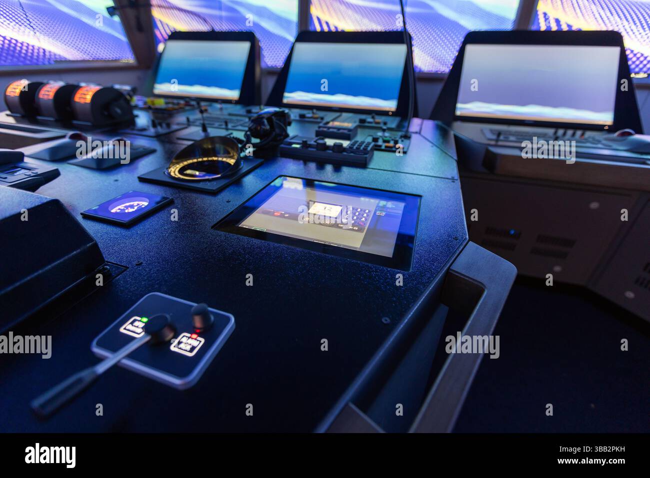 Marine navigation simulator. Control room of a ship, featuring screens ...