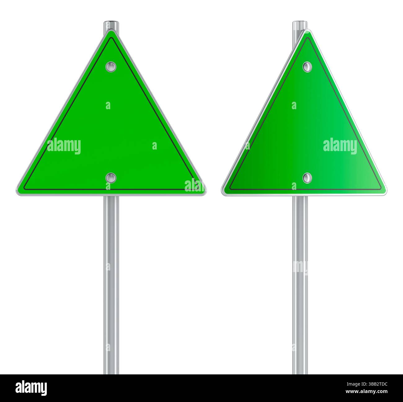 Blank green triangular traffic sign with front and side views, 3D illustration isolated on white ...