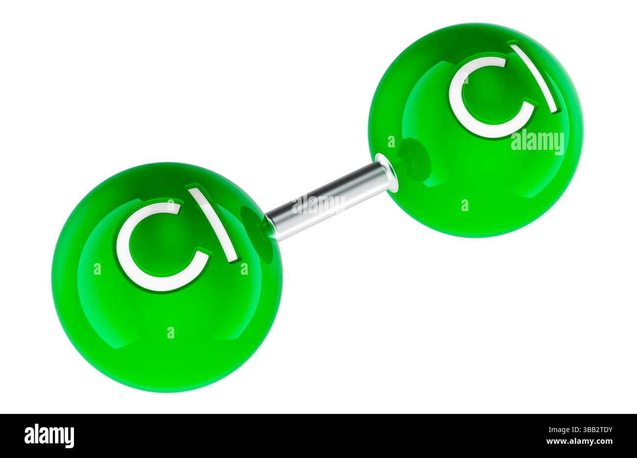 Molecule model of chlorine Cl2, 3D rendering isolated on white ...