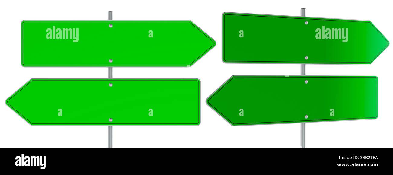 Two empty green traffic road sign arrows, opposite traffic signs. Side ...