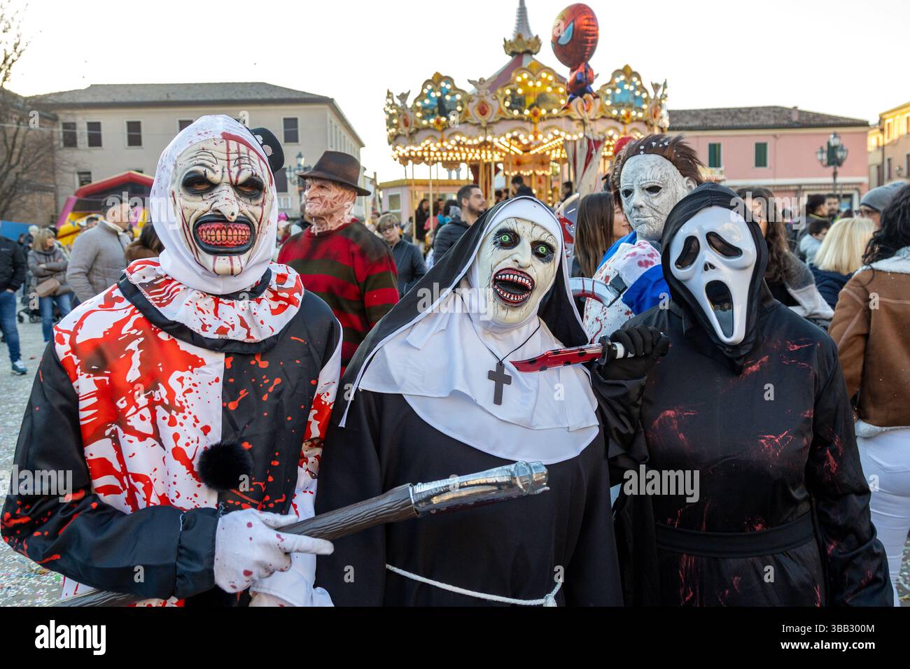 Padua, Italy - Mar 16th, 2025: Carnival parade with people in scary ...