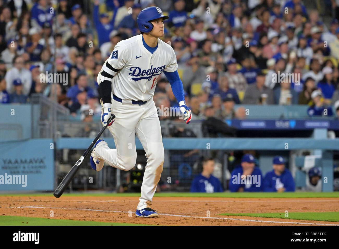 Los Angeles Dodgers designated hitter Shohei Ohtani flies out during ...