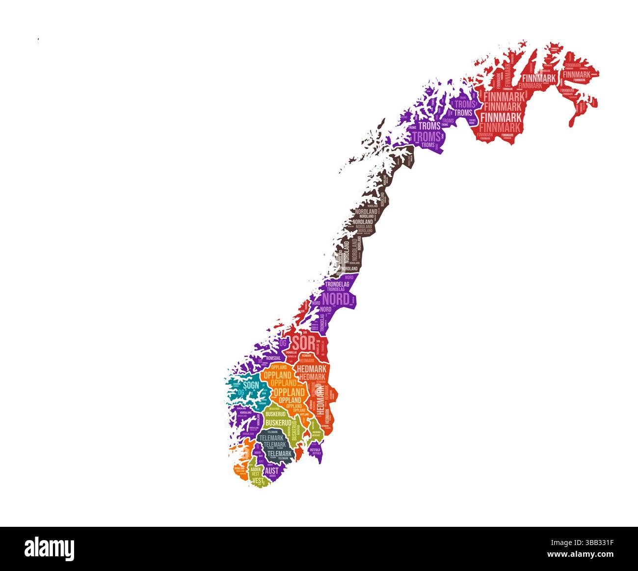 Norway shape. Country word cloud with region division. Norway colored ...